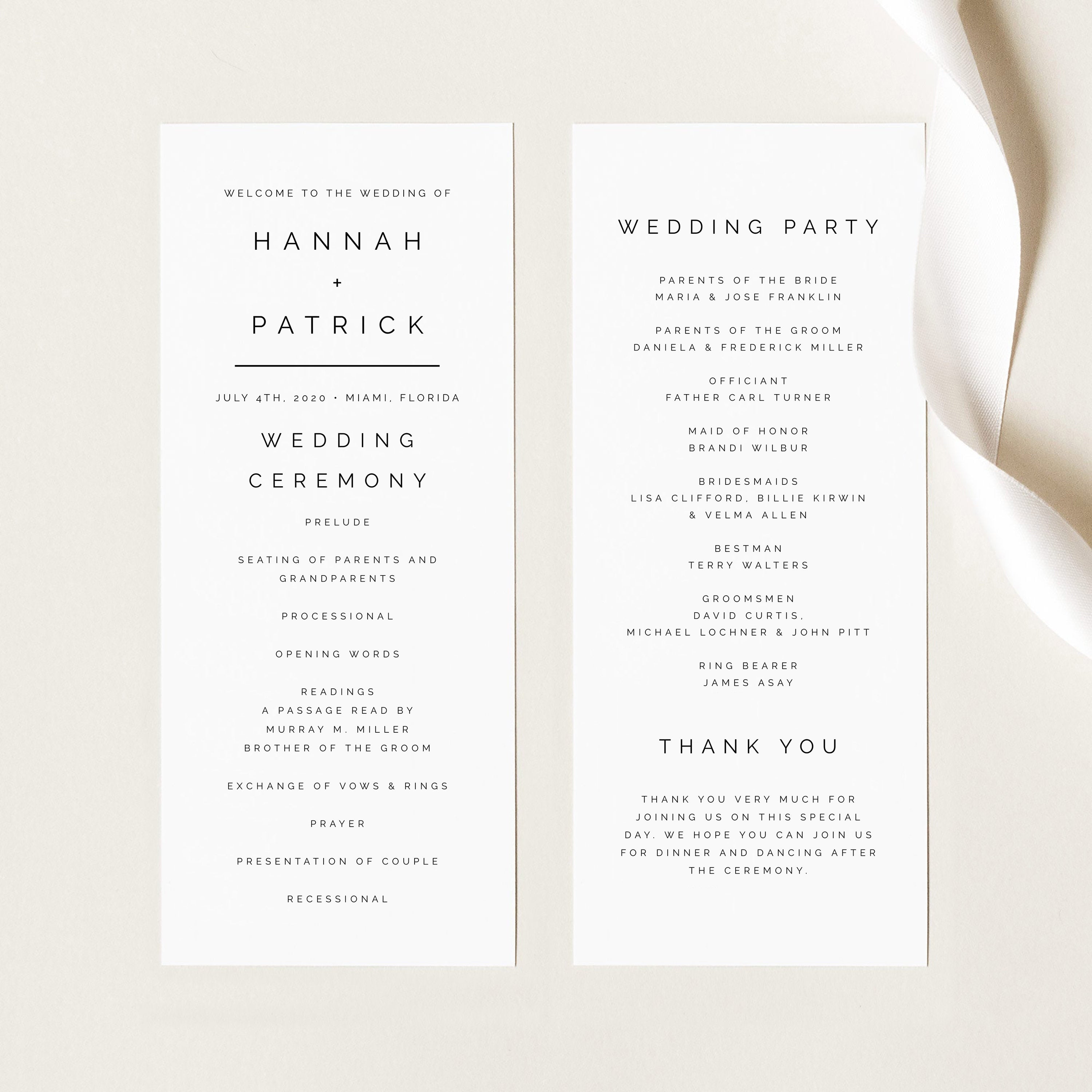 Hannah Modern Wedding Program Template – Blush Paperie